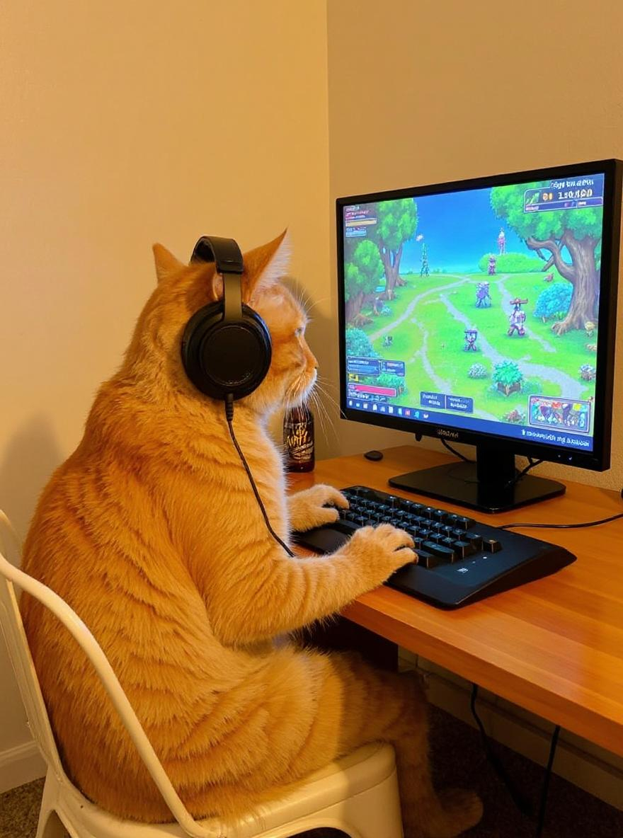 An orange cat wearing gaming headphones. Playing a v...