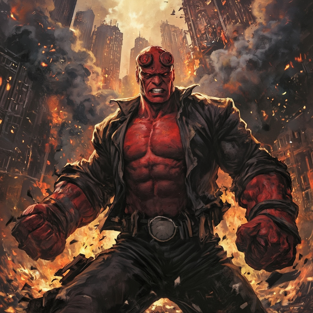 Comicbook-style Hellboy engaged in an epic battle, a...
