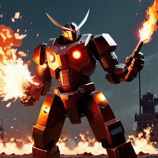 Giant robot swinging a flaming axe, unreal engine, f... | OpenArt