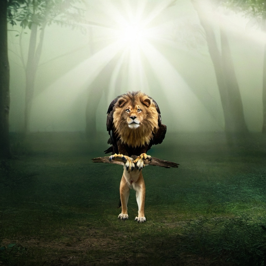 Eagle-lion hybrid in a mystical forest, animal hybri...