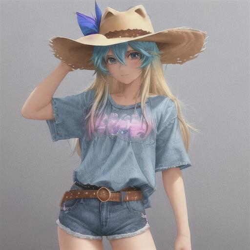 cute girl, cowboy hat, femboy, blue jean shorts, blo...
