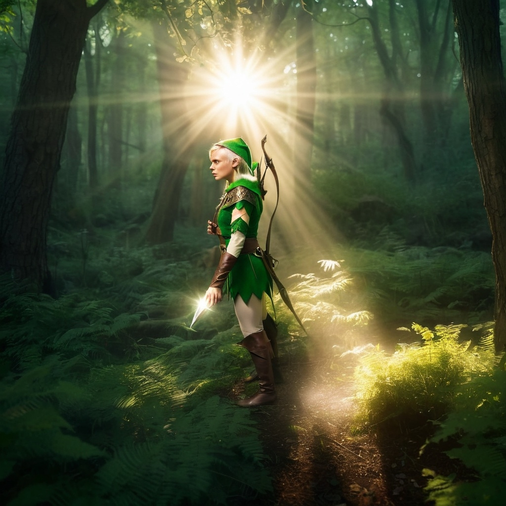 Elf ranger in a mystical forest around sunlight