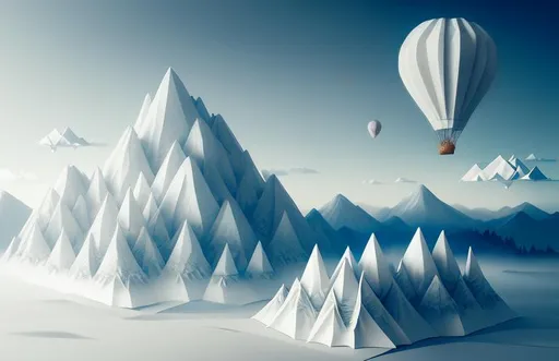 white origami paper landscape with mountains and tre...