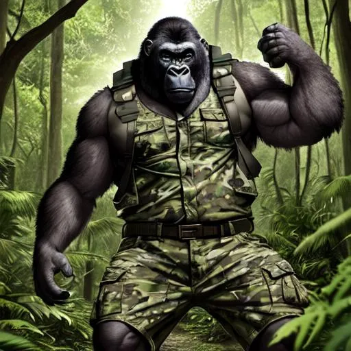 mutant-silverback-gorilla wearing camoflauge-cargo-s... | OpenArt