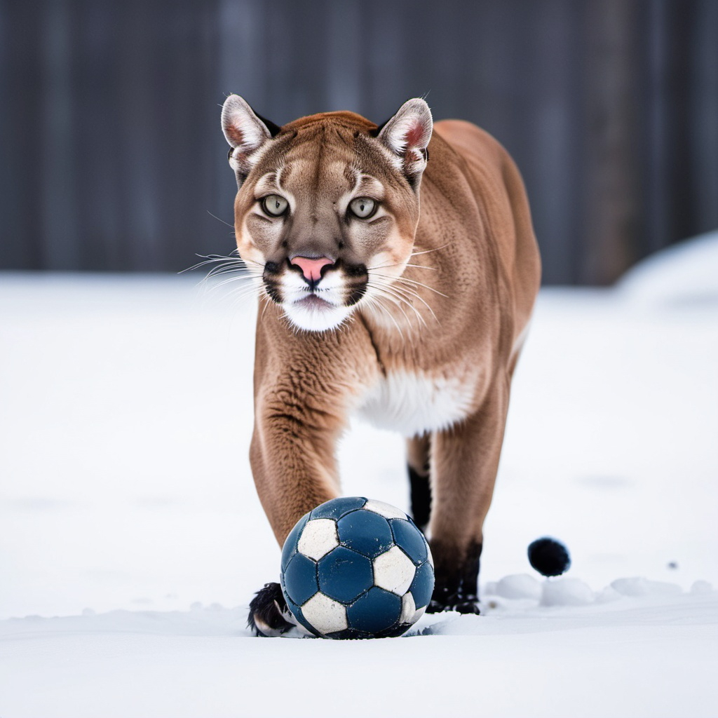 Puma playing soccer on snow