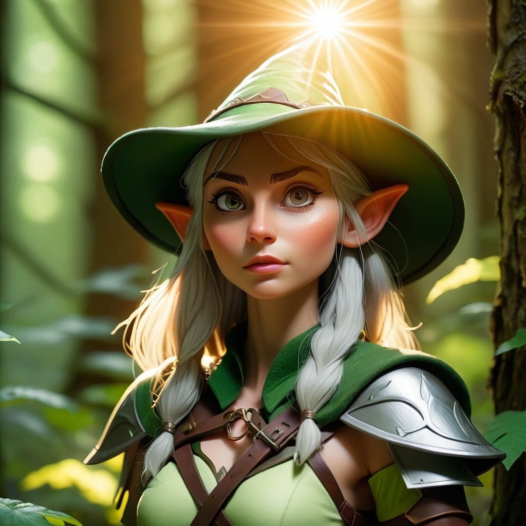 Elf ranger in a mystical forest around sunlight