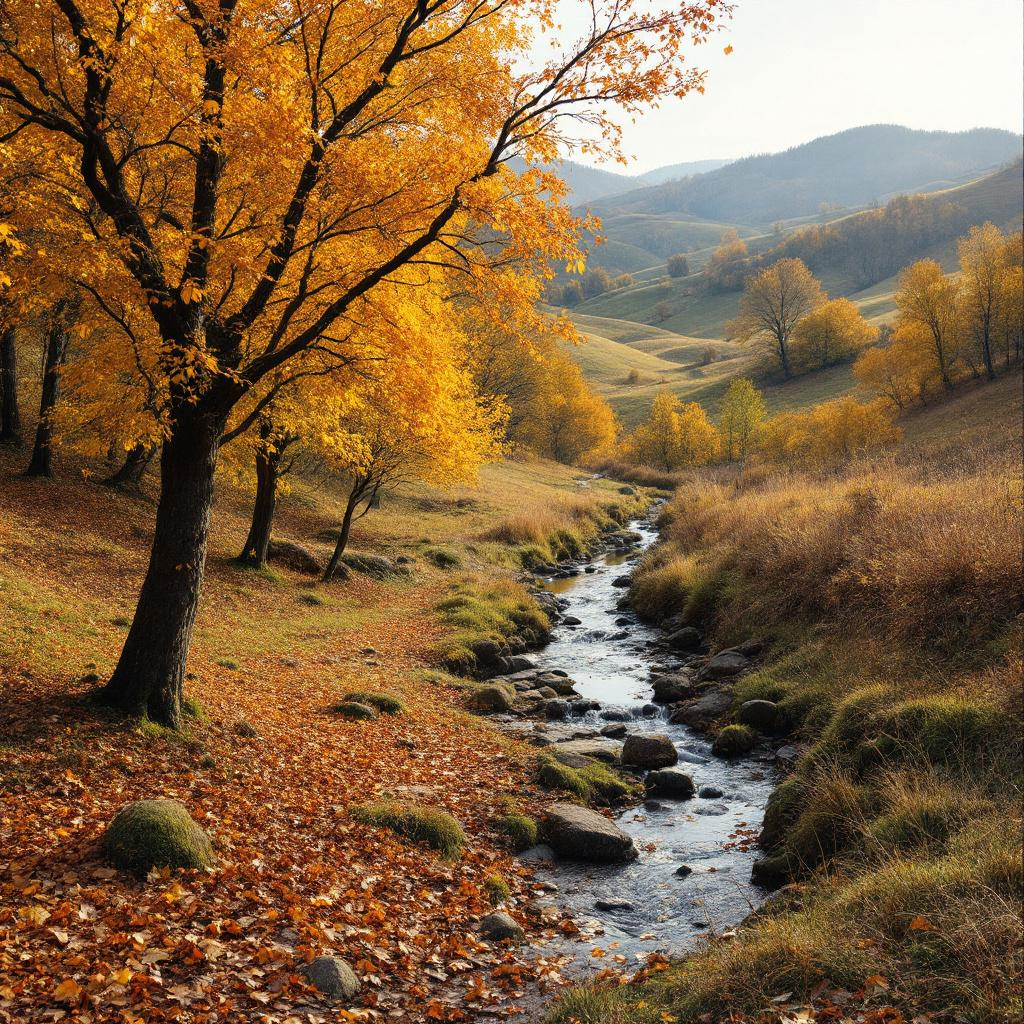 autumn trees, rolling hills, small stream, fallen le...