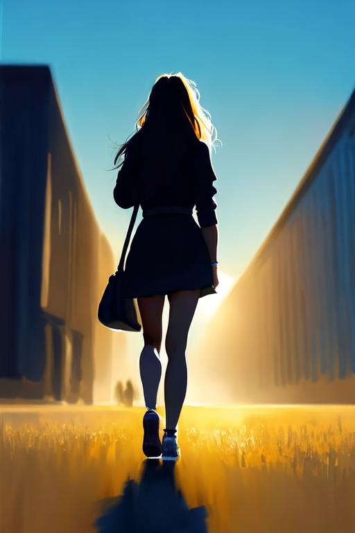 illustration of a girl walking away, back facing us,...