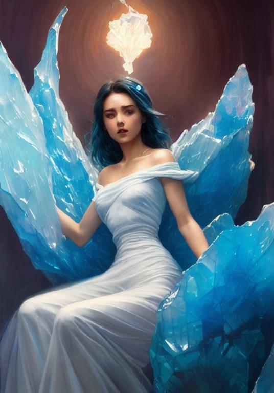 woman in cyan blue crystal geode, white cloth fallin... | OpenArt