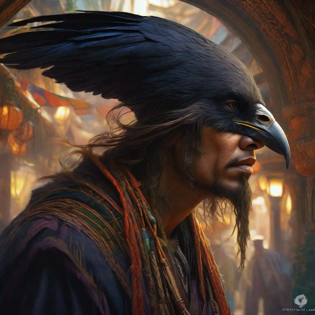 Three-quarters portrait, ragged wizard raven-folk, k...