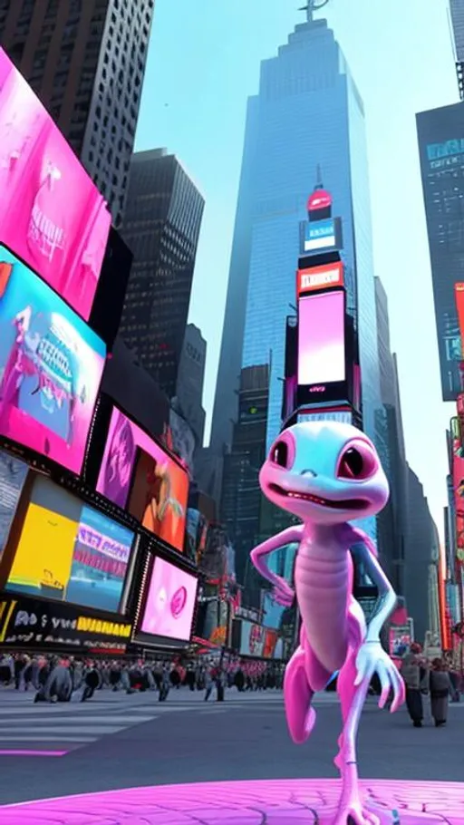 adorable scene of 3D animated pink alien in Time Squ...