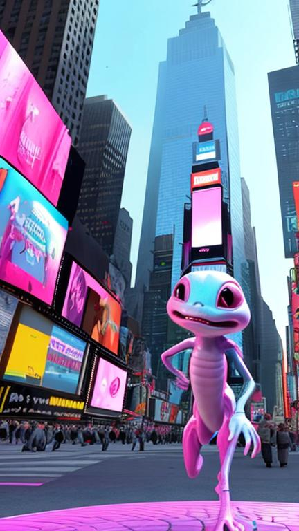 adorable scene of 3D animated pink alien in Time Squ...