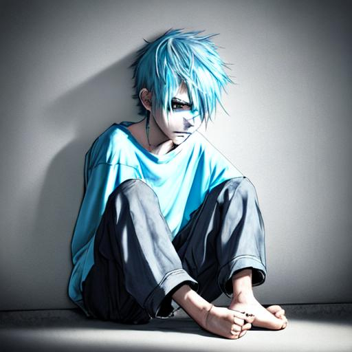 light blue haired boy, with scars and bruises, sitti...