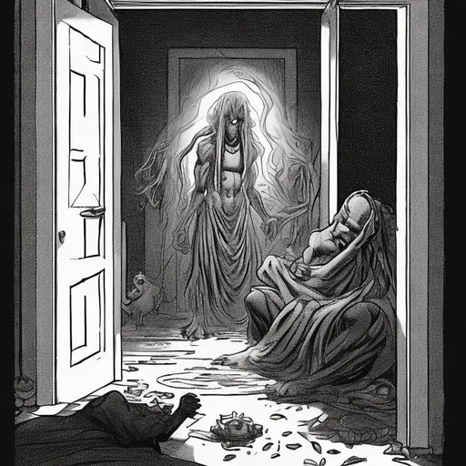 Very tall, alien peeking in bedroom window, black an... | OpenArt