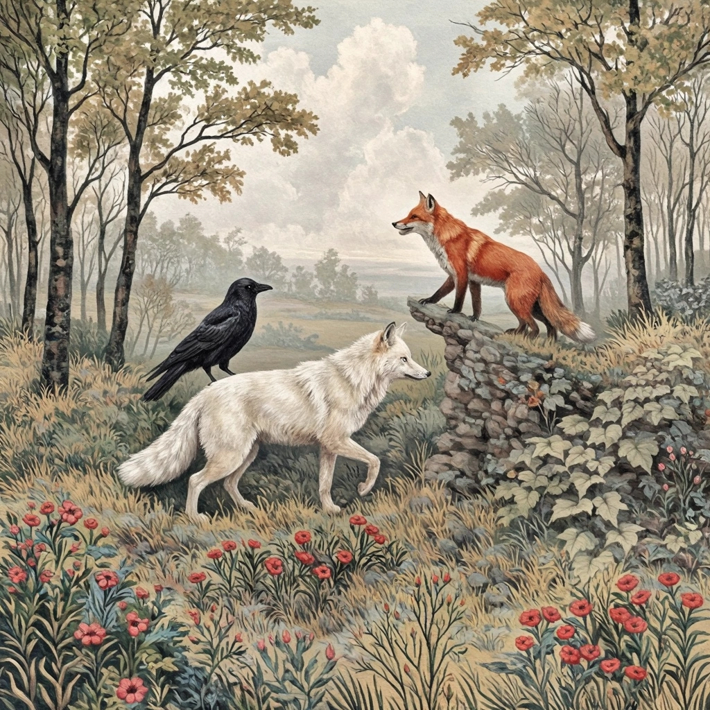 un zorro rojo, un lobo blanco y un cuervo cazando ju...