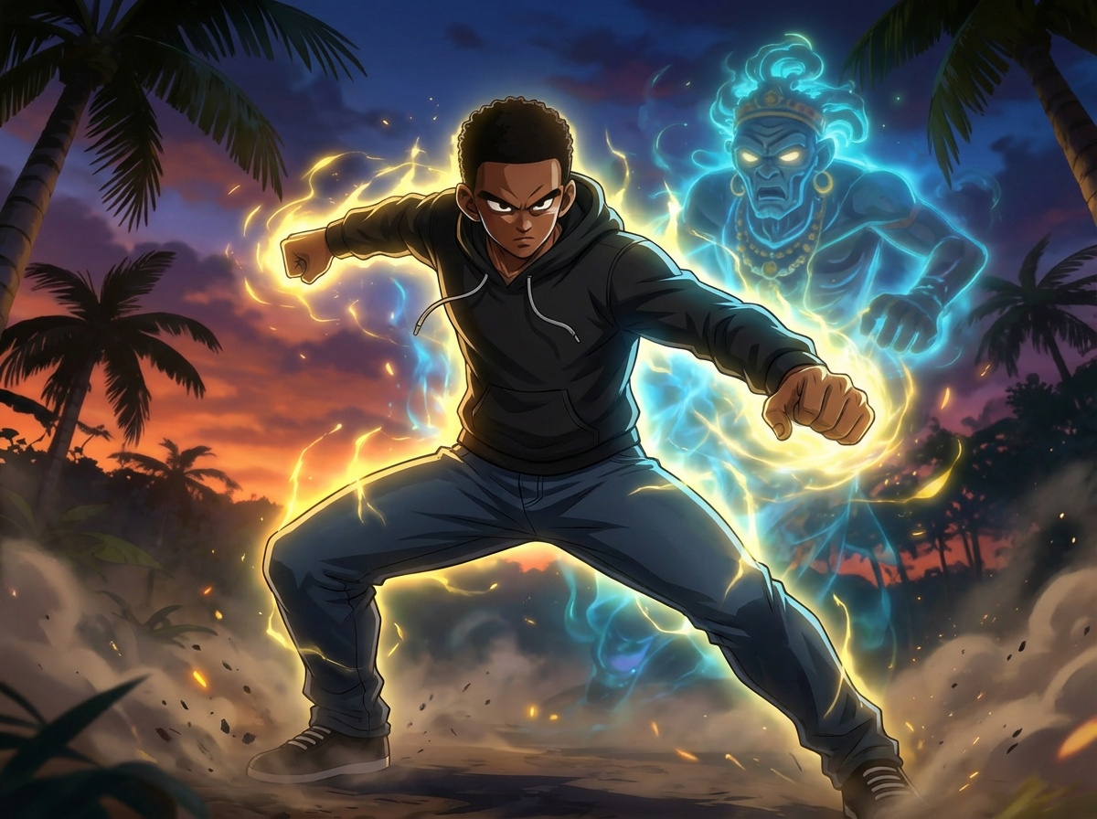 modern-day anime style Caribbean warrior with glowin...
