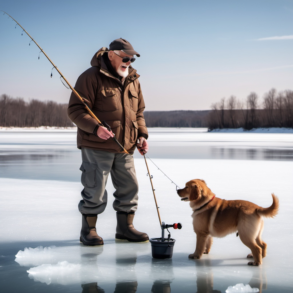 grampa fishing on ice with a dog and his sons kid