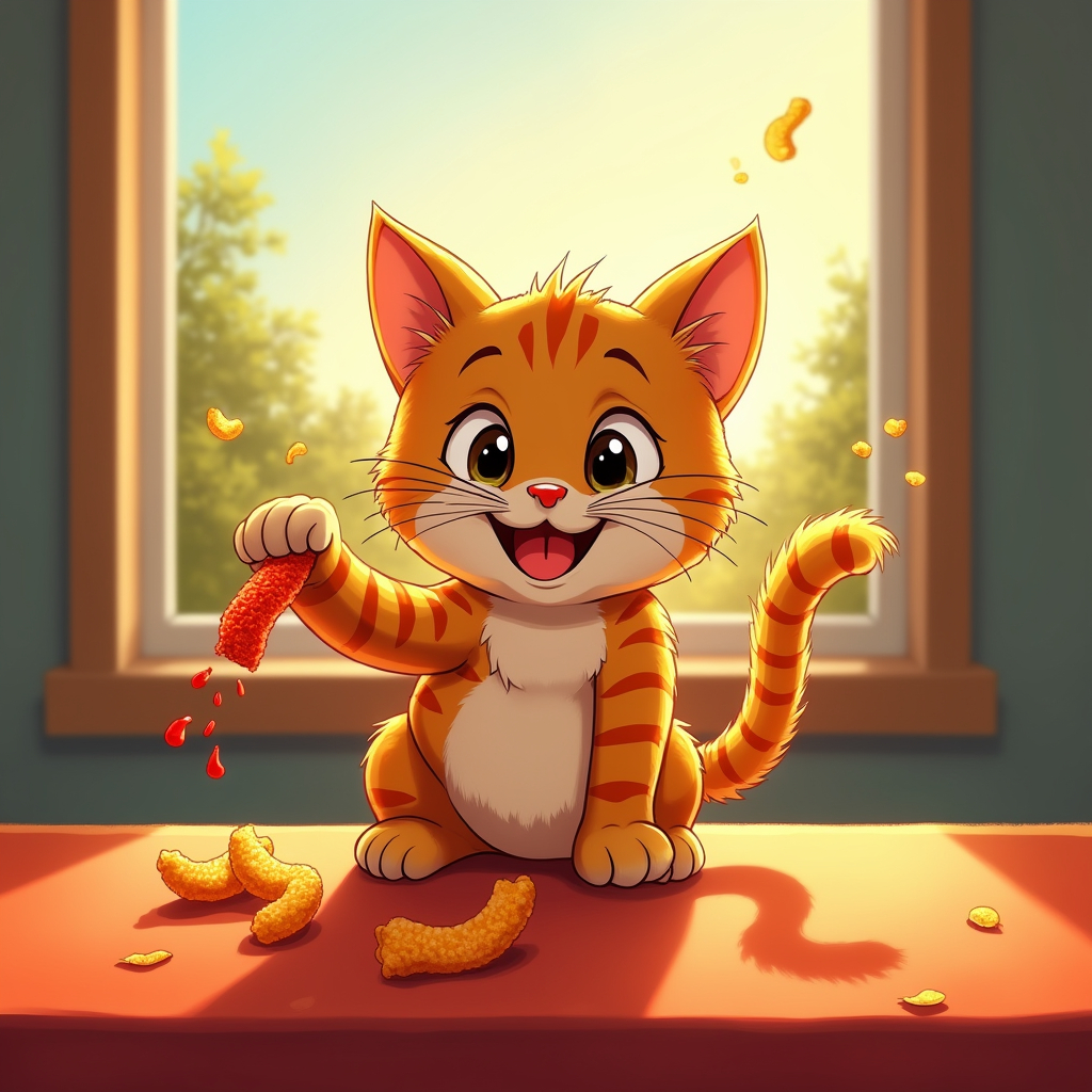 A cat eating hot Cheetos