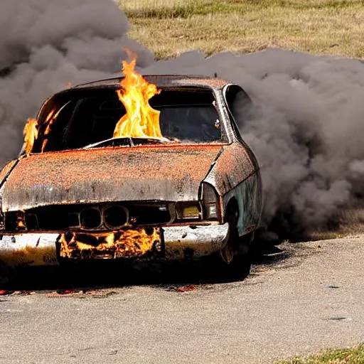 black sports car on fire, top on fire, wheels on fire, | OpenArt