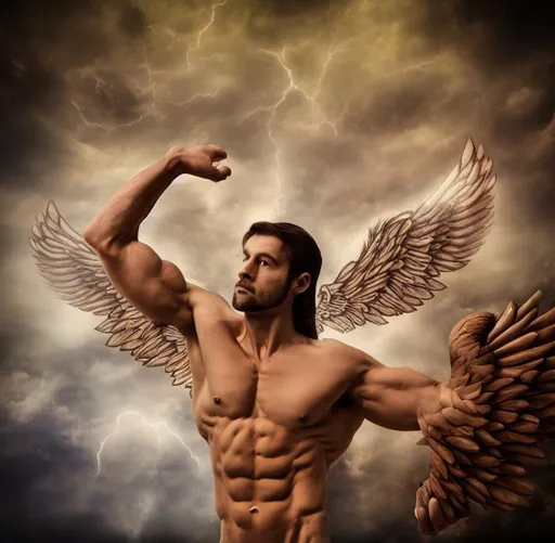 slightly jacked man with wings and divine aspect in...