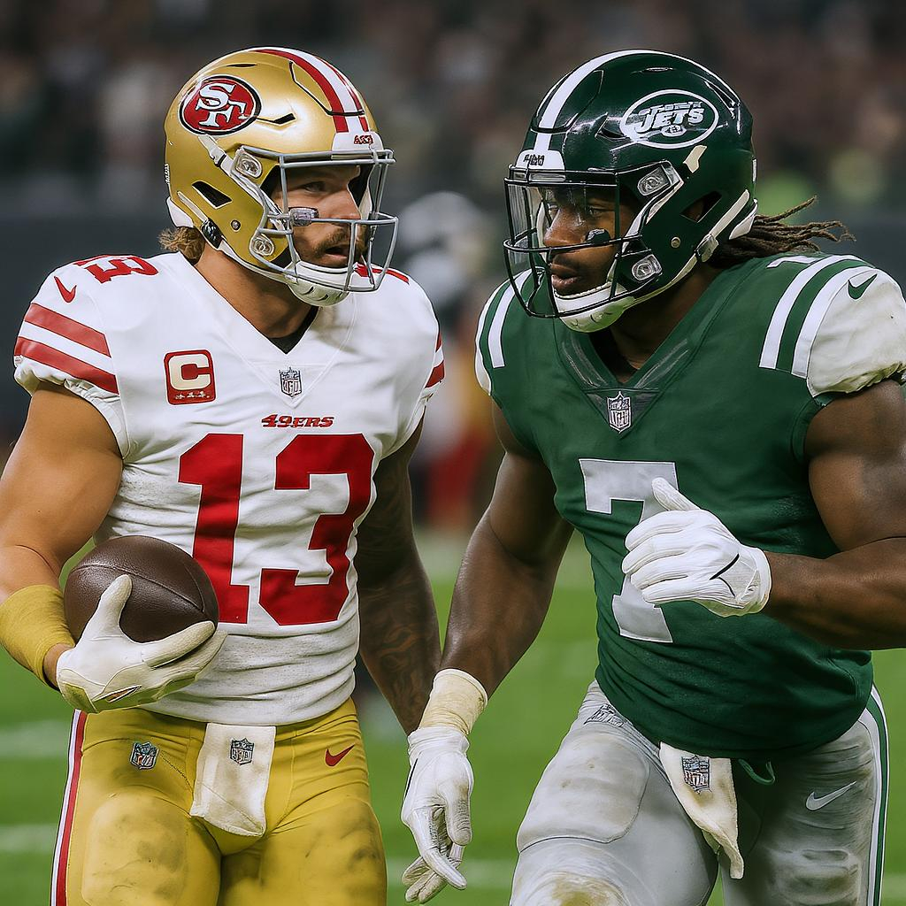 A football player wearing a 49ers uniform with the n...