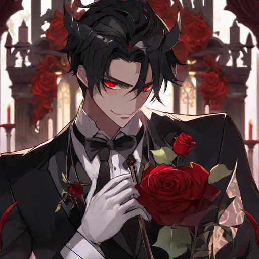 Damien (male, short black hair, red eyes) demon for... | OpenArt