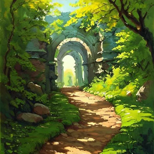 A circular pathway surrounded by lush greenery, with... | OpenArt