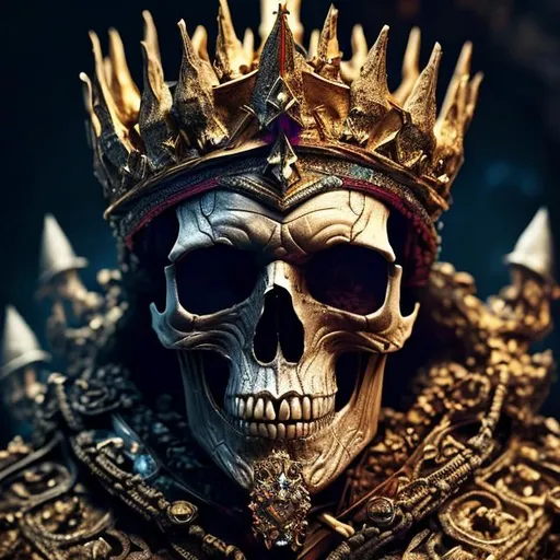 Ancient skull of the wizard king wearing a jeweled a...