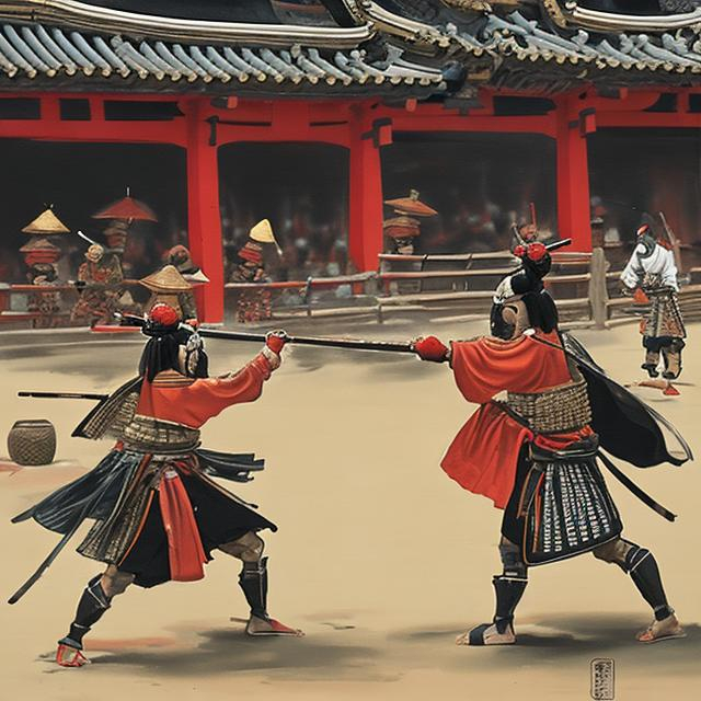 oil painting of a samurai fight in feudal Japan