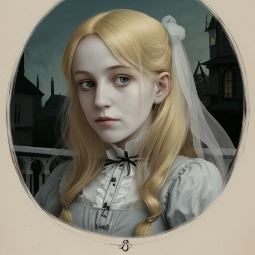 Portrait of a pretty Victorian ghost girl with blond...