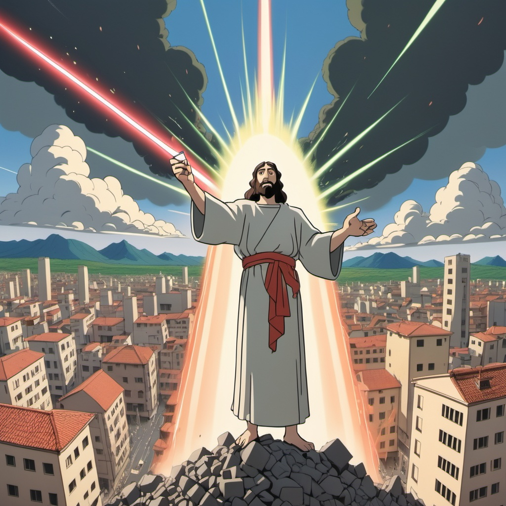 Ghibli 2D anime style. 900 ft tall Jesus destroying...