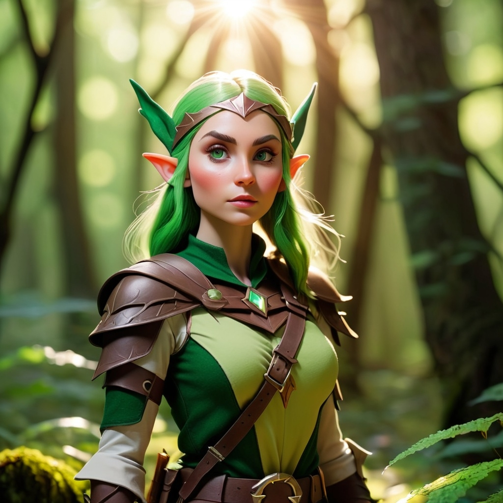 Elf ranger in a mystical forest around sunlight