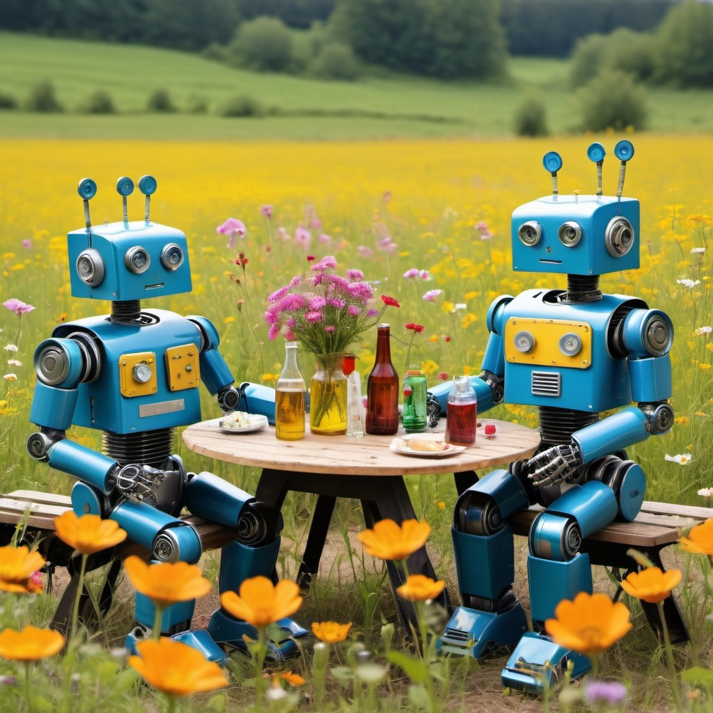 Upcycled robots having a picnic in a field of wildfl...