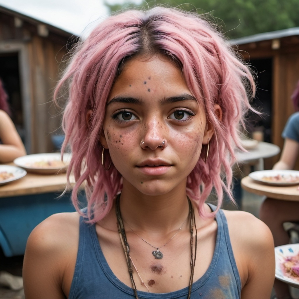 a girl with dark olive skin who is hippie with cream...