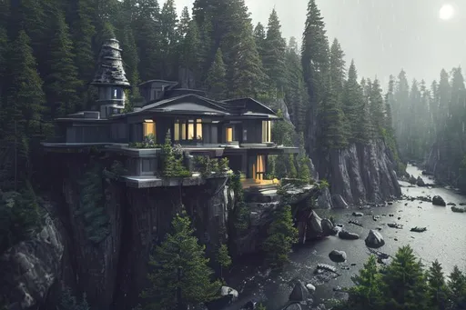 a hyper realistic Cliff Architecture futuristic blac...