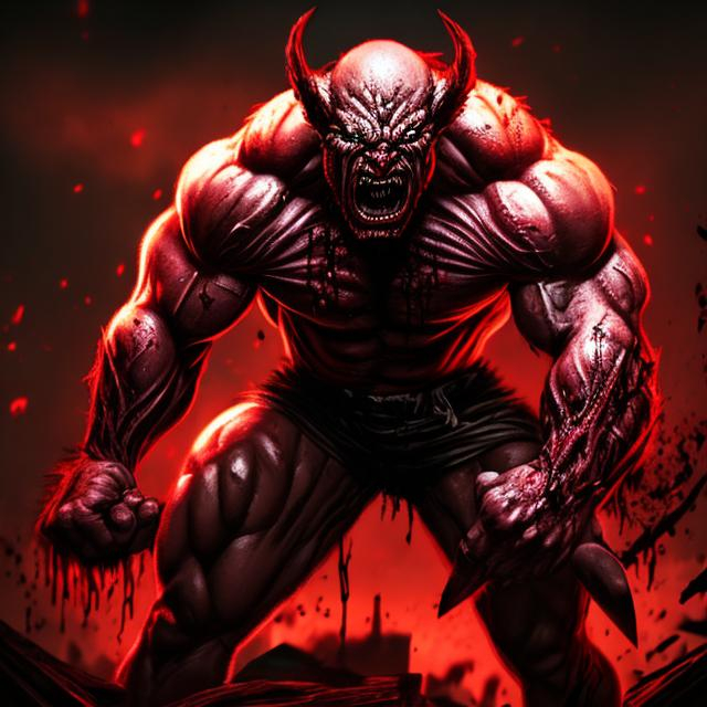 Enraged Angry demon, muscular ,blood demon , low light