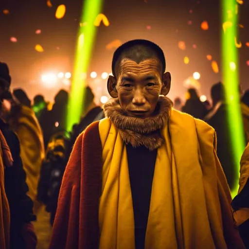 Yellow robed Tibetan monk at a rave in a French mona...