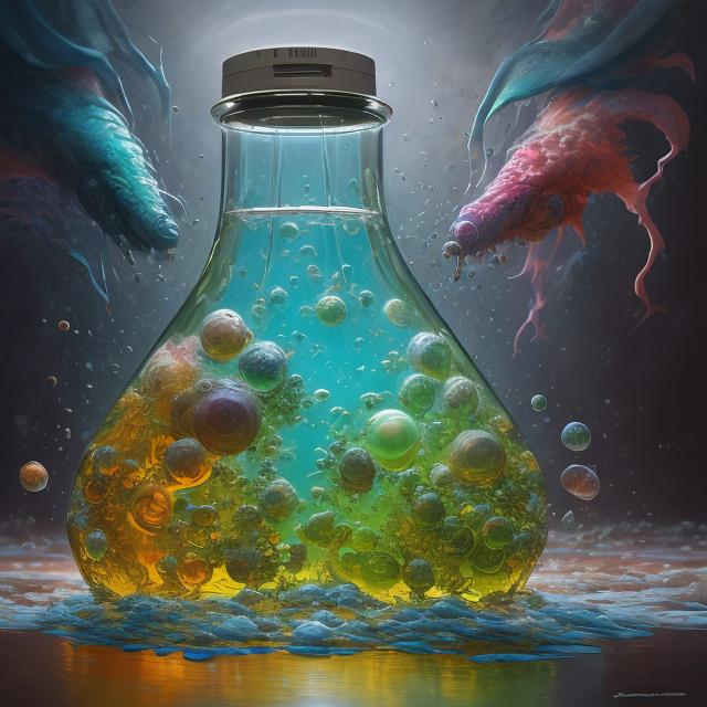 Round canvas, erlenmeyer flasks, colored liquids, un... | OpenArt