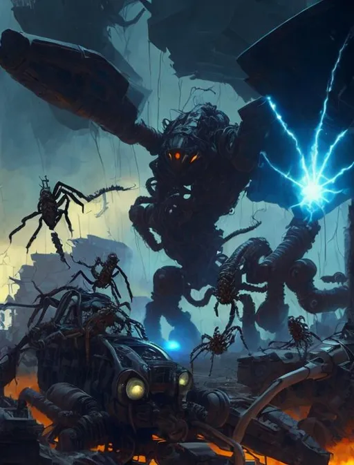 Magic mechanical golem with blue energy glowing core... | OpenArt