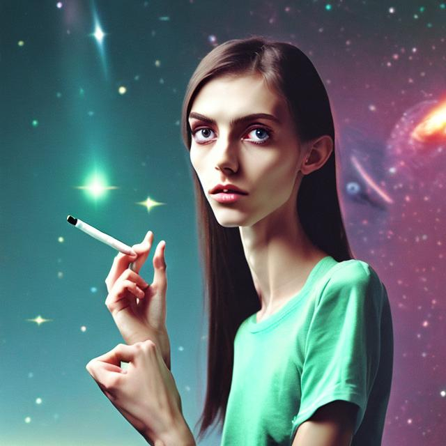 A very skinny girl with green dress blue eyes smokin...