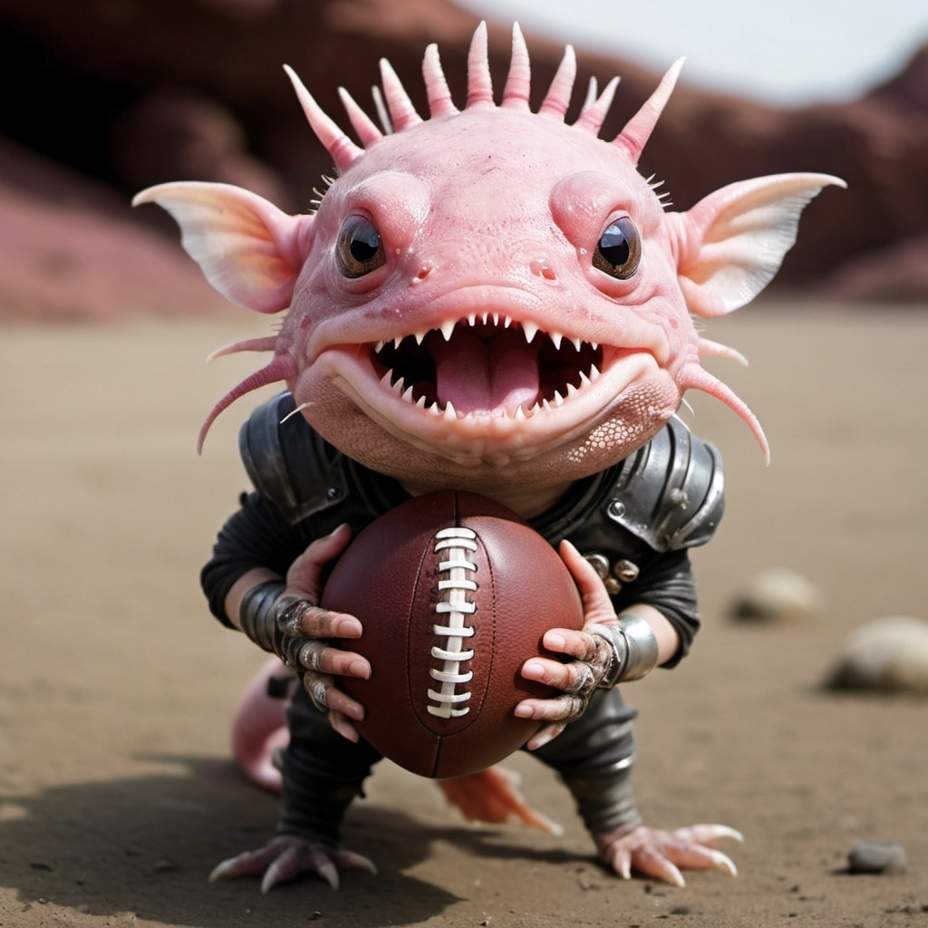 An angry axolotl holding a football, dressed like it...