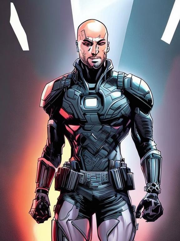 redo with a solid chest piece in a futuristic comic...