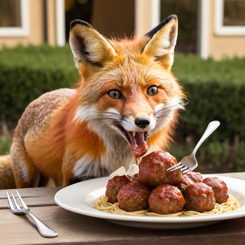 a fox eating meatballs at olive garden.