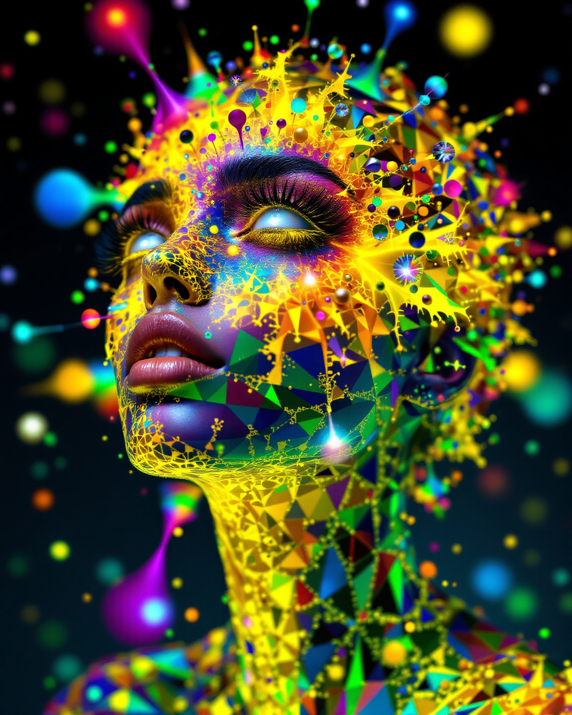 Depict a woman whose face is shaped like the sound o...