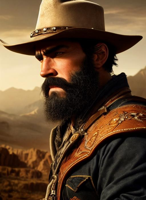 Close-up portrait of scary cowboy with black hair, b...