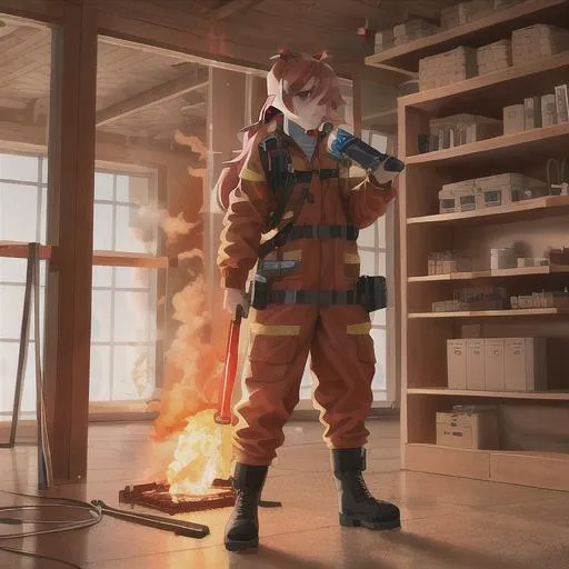 Prompt: Pyrotechnician, girl, hair in uneven pigtails, red hair, orange ...