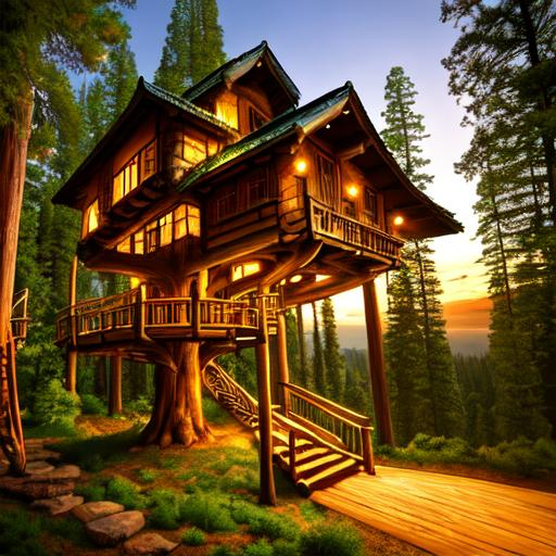 rustic treehouse wrapping around a gigantic sequoia,... | OpenArt