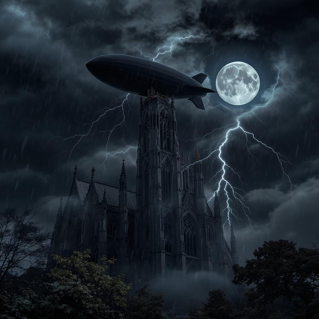Gothic Cathedral With Black Zeppelin Airship, Storm,...