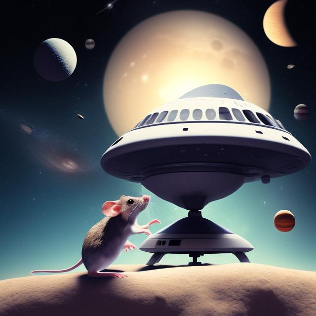 mouse rodent in starry space with moon planets ufo ship