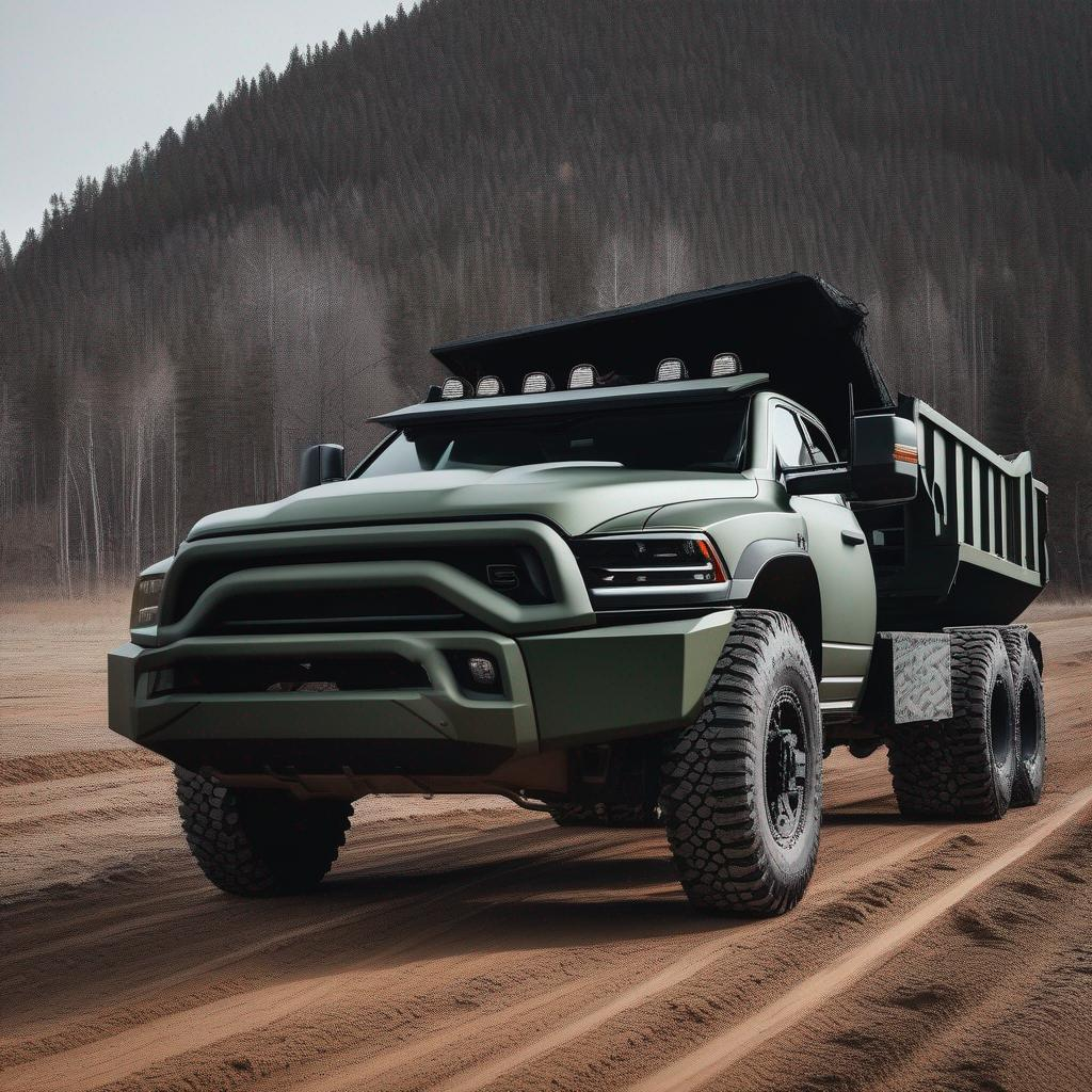 military truck with a ram plow